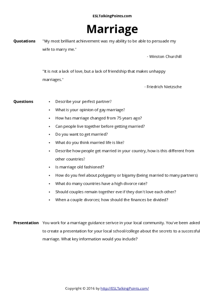 Marriage – ESL Conversation Questions and Speaking Activities