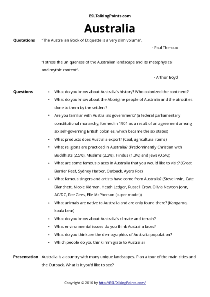 Australia – ESL Conversation Questions and Speaking Activities