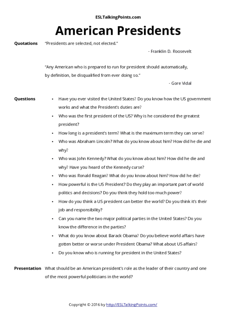 American Presidents – ESL Conversation Questions and Speaking Activities