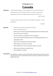 Canada – ESL Conversation Questions and Speaking Activities