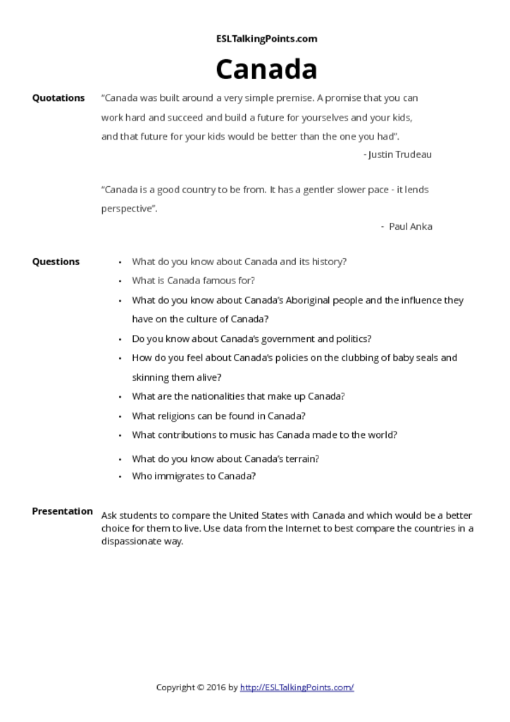 Canada – ESL Conversation Questions and Speaking Activities
