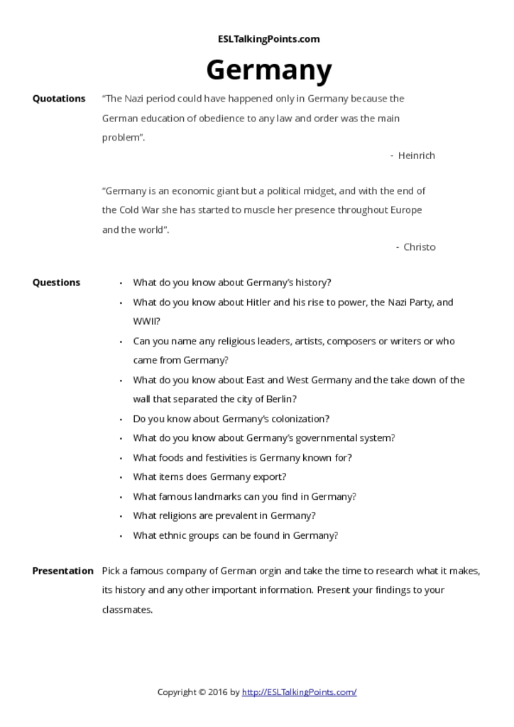 Germany – ESL Conversation Questions and Speaking Activities