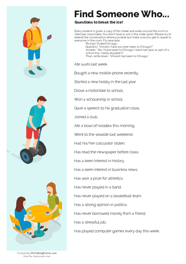 11. Find Someone Who… – ESL Conversation Questions and Speaking Activities