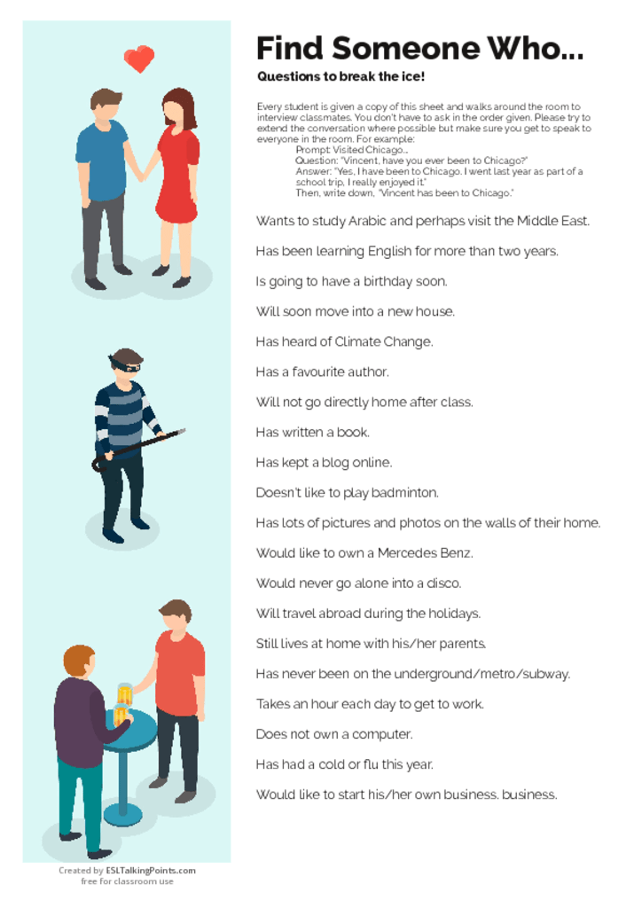 15 Free Ice Breaker Worksheets and How to Use Them in Your ESL Class ...