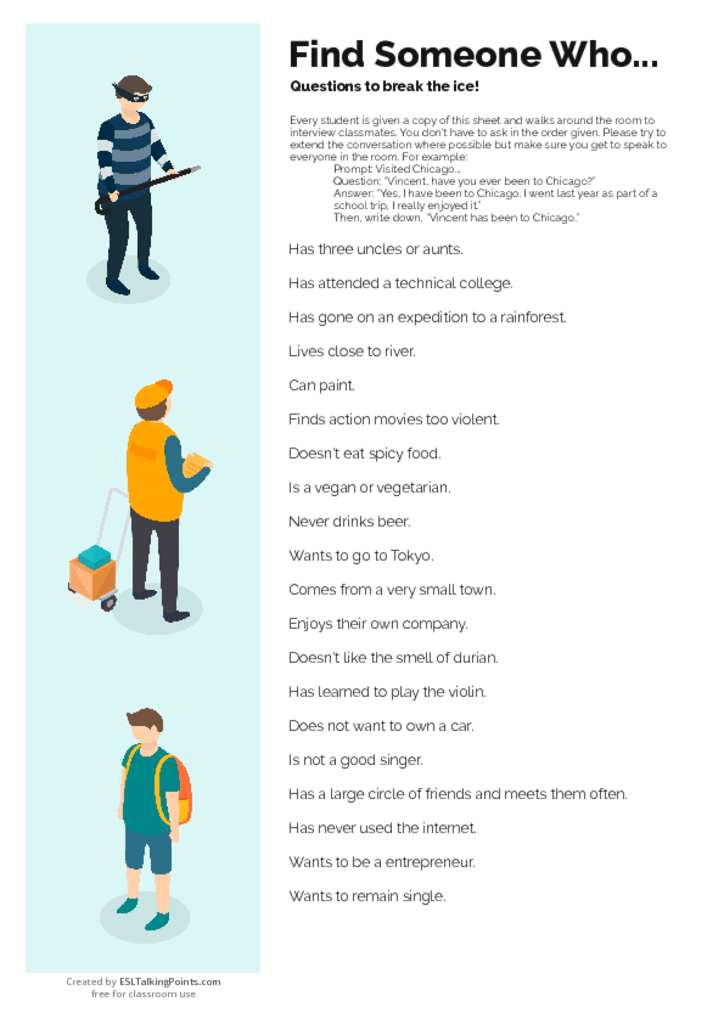 15 Free Ice Breaker Worksheets and How to Use Them in Your ESL Class ...