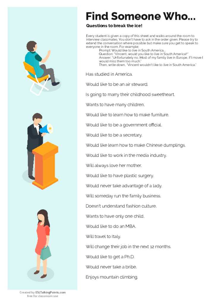 15 Free Ice Breaker Worksheets and How to Use Them in Your ESL Class ...