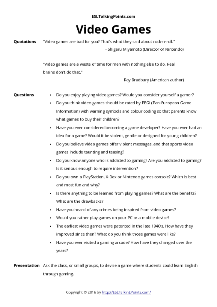 Video Games – ESL Conversation Questions and Speaking Activities