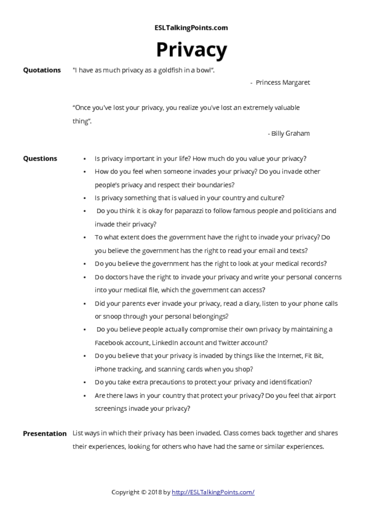 Privacy – ESL Conversation Questions and Speaking Activities