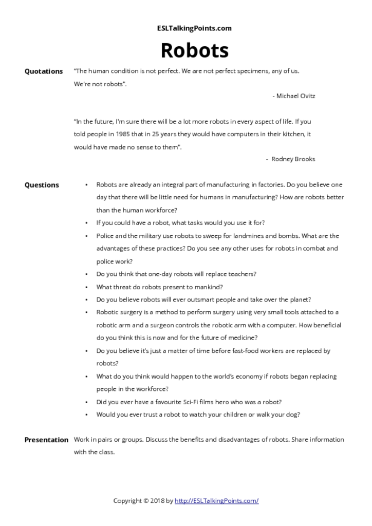 Robots – ESL Conversation Questions and Speaking Activities