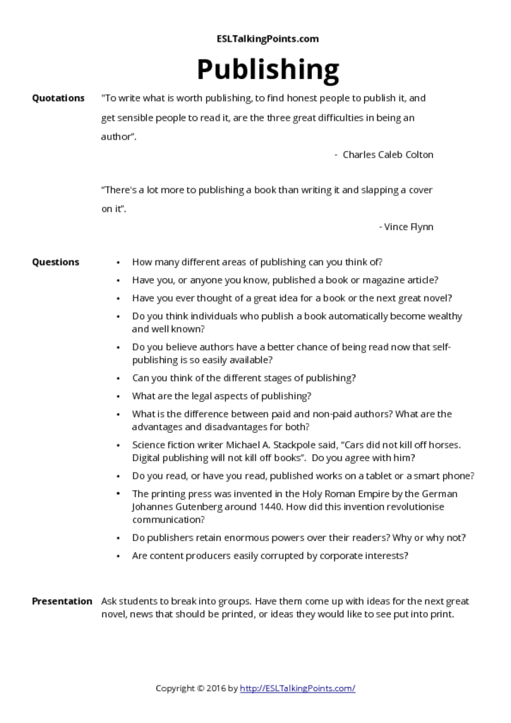 Publishing – ESL Conversation Questions and Speaking Activities