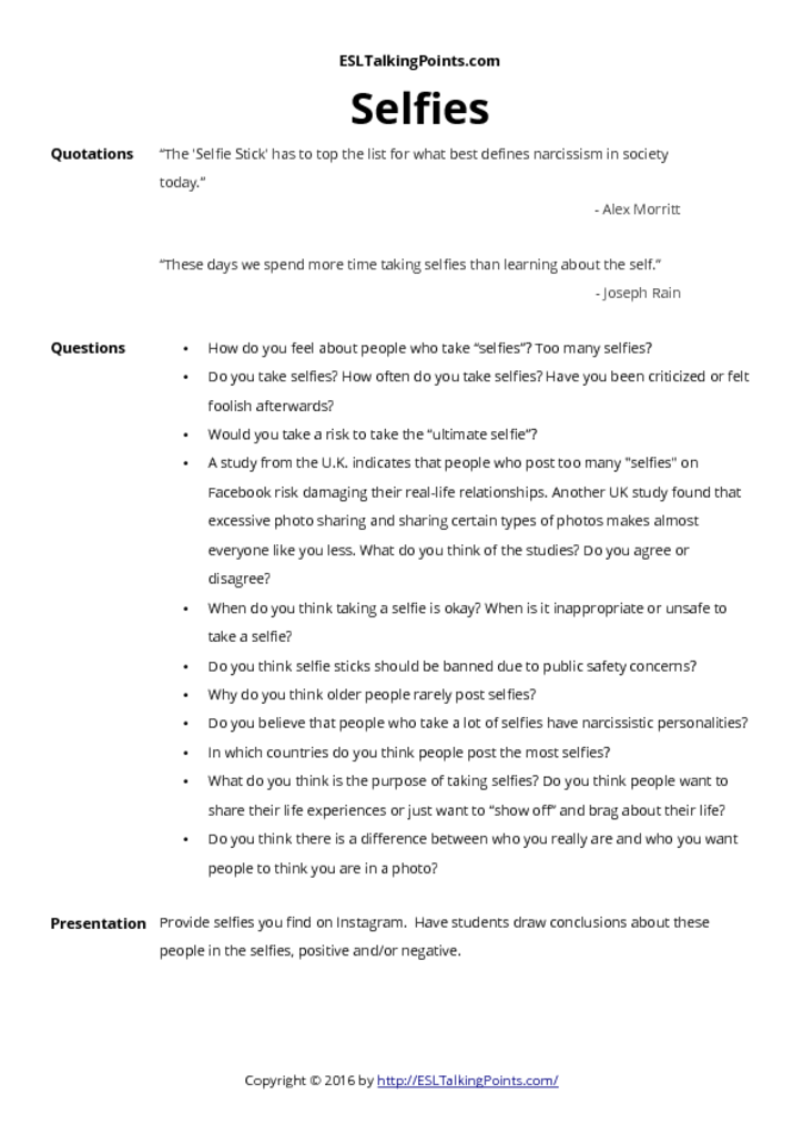 Selfies – ESL Conversation Questions and Speaking Activities