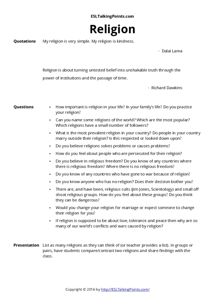 Religion – ESL Conversation Questions and Speaking Activities