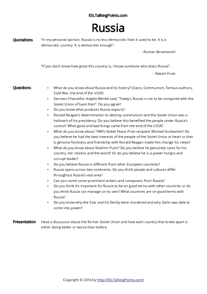Russia – ESL Conversation Questions and Speaking Activities