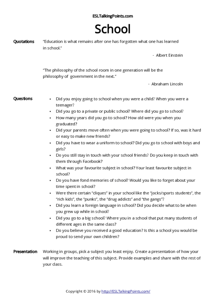 School – ESL Conversation Questions and Speaking Activities